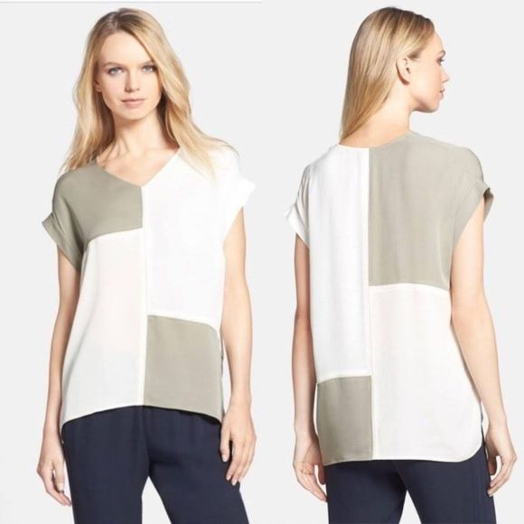 Theory | Tops | Theorytalda C Silk Colorblock Neutral Short Sleeve ...
